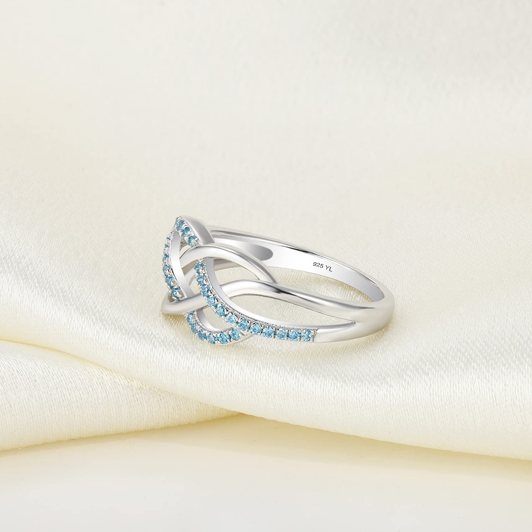 YL Celtic Knot Rings 925 Sterling Silver Twisted Knot Ring 18k White Gold Plated Created Aquamarine Infinity Statement Rings-size5