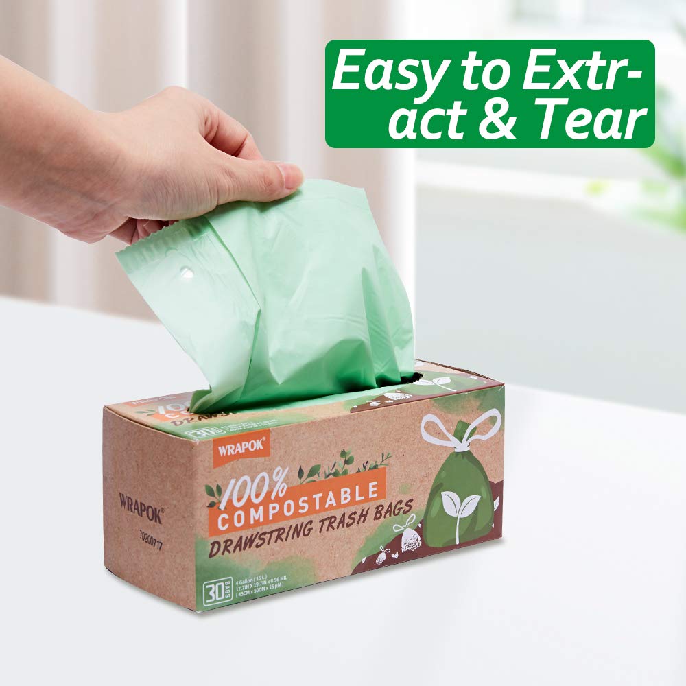 WRAPOK 100% Compostable Drawstring Kitchen Trash Bag Biodegradable ASTM D6400 Disposable Food Waste Bags, 4 Gallon, 30 Count