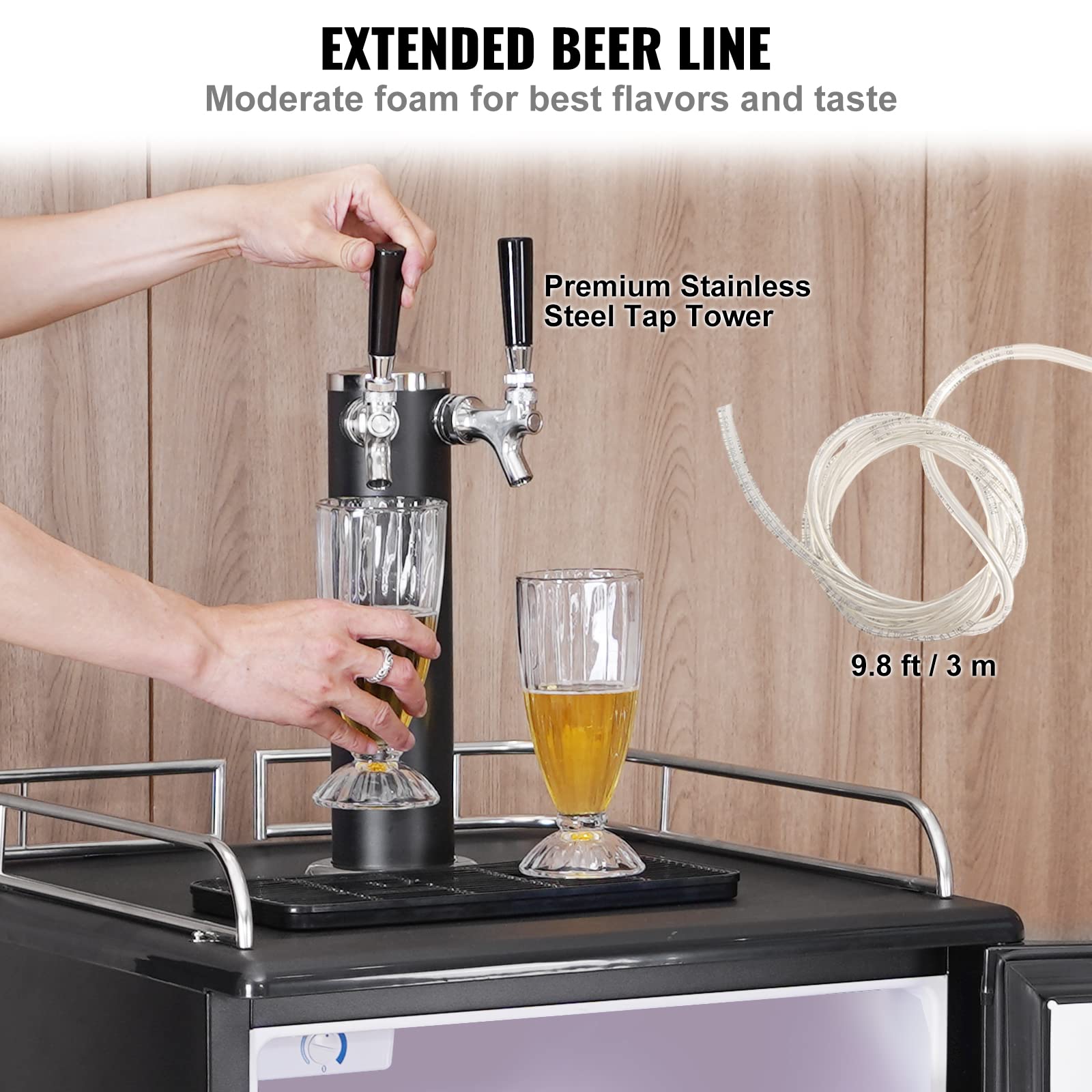 VEVOR Beer Kegerator, Dual Tap Draft Beer Dispenser, Full Size Keg Refrigerator With Shelves, CO2 Cylinder, Drip Tray & Rail, 32°F- 50°F Temperature Control, Holds 1/6, 1/4, 1/2 Barrels, 152L,Black