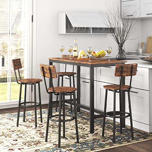 Tiophome PU Soft Seat with Backrest and Footrest,Modern Armless Kitchen Island Stool with Upholstered Cushion for Dining Room,Easy to Assemble,Rustic Brown, 5-Piece Bar Table Set for 4