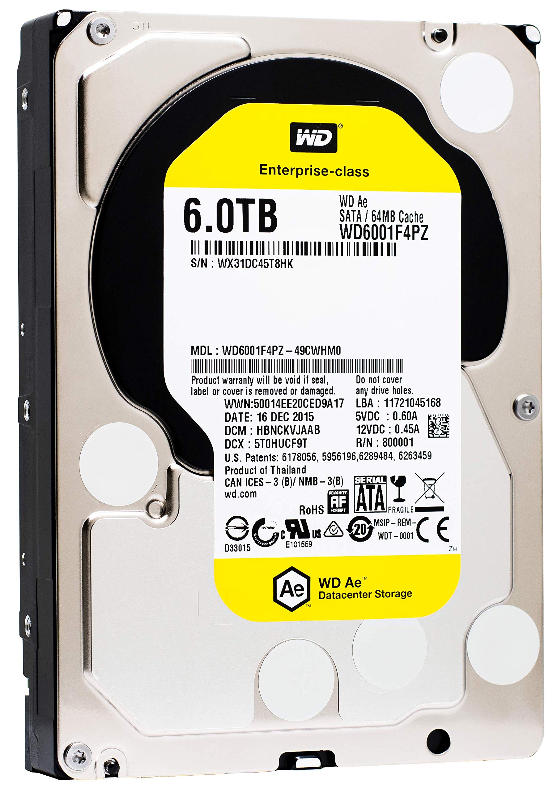 WD 6TB 3.5" AE Datacenter Archive SATA III 64 MB Cache Enterprise Hard Drive (WD6001F4PZ) (Renewed)