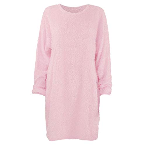 Women Plush Outerwear Dress Solid Color Round Neck Long Sleeve Shift Loose Sweatshirt Dress