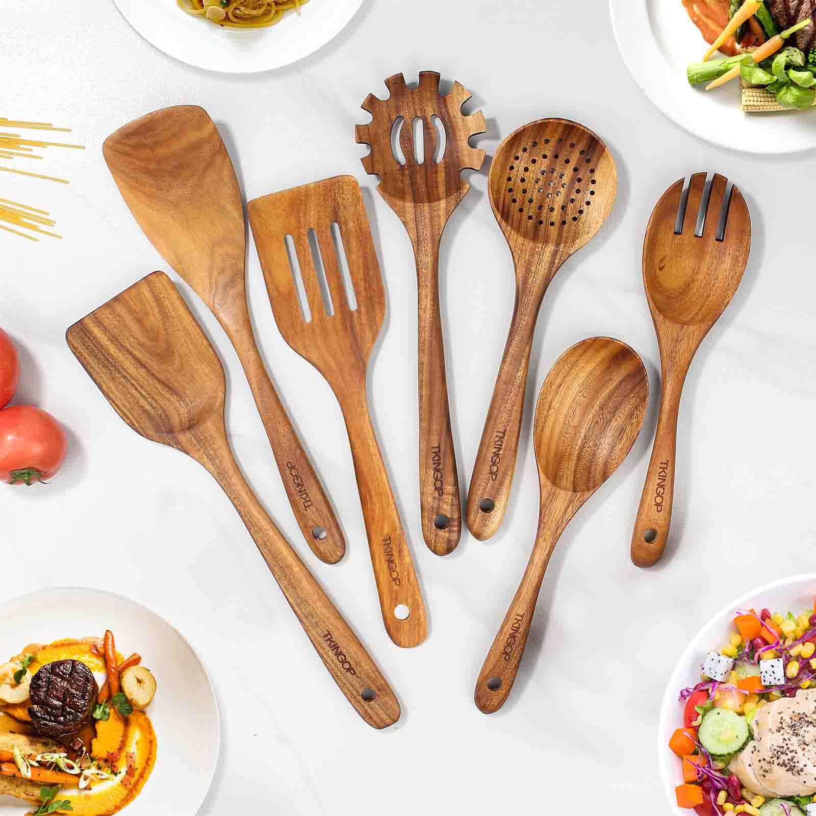 TKINGOP 9PCS Wooden Spoons for Cooking Handmade Natural Teak Wooden Utensils for Cooking with Holder & Spoon Rest Comfortable Grip Kitchen Utensils Set