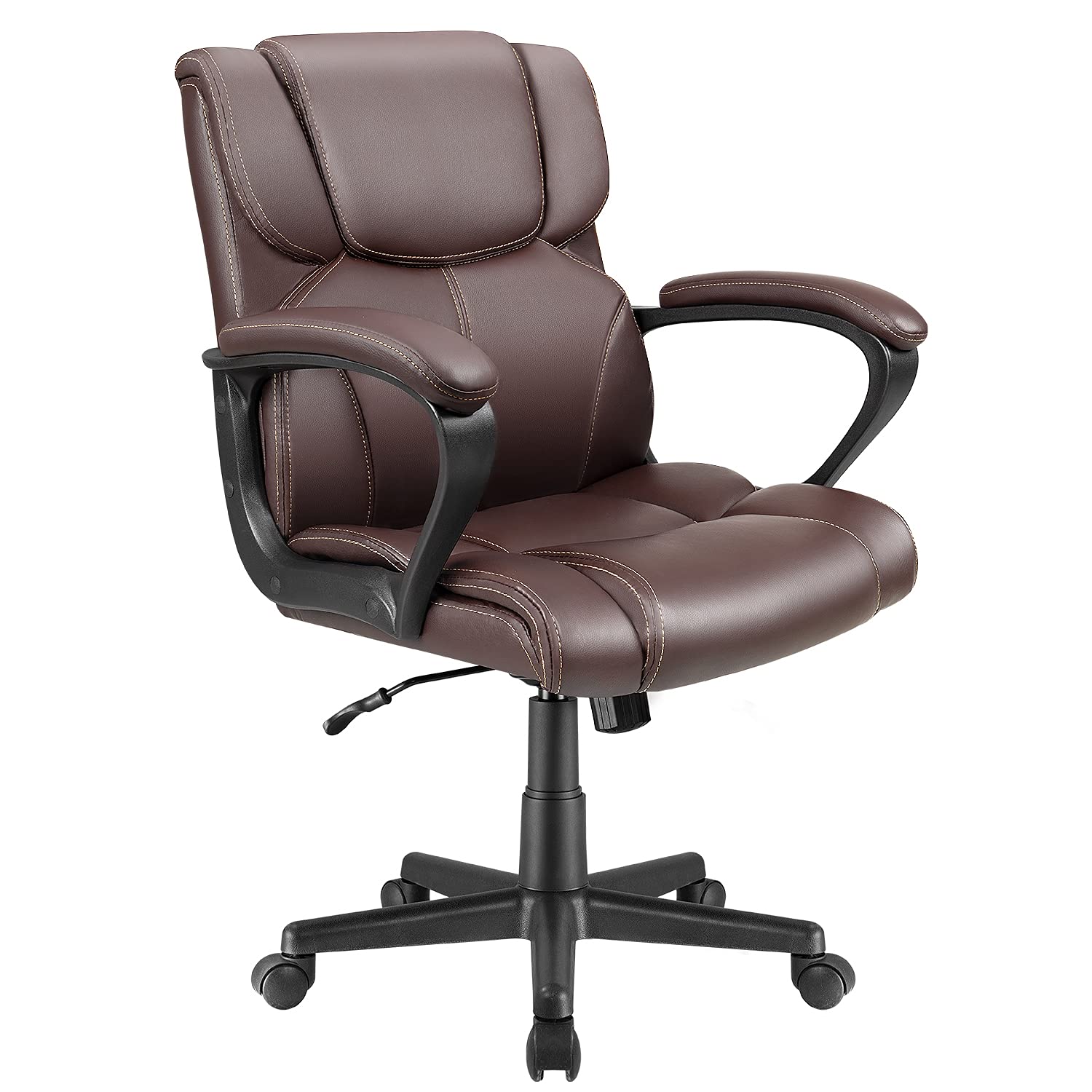 Tozey Executive Office Chair Mid Back Leather Desk Chair Ergonomic Task Chair with Padded Armrests Adjustable Swivel Chair with Lumber Support (Brown)