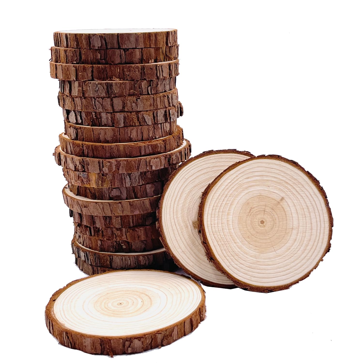 Unfinished Natural Wood Slices 20 Pcs 3.5-4 inch Craft Wood kit Circles Crafts Christmas Ornaments Rustic Wedding Decoration DIY Crafts with Bark for Crafts