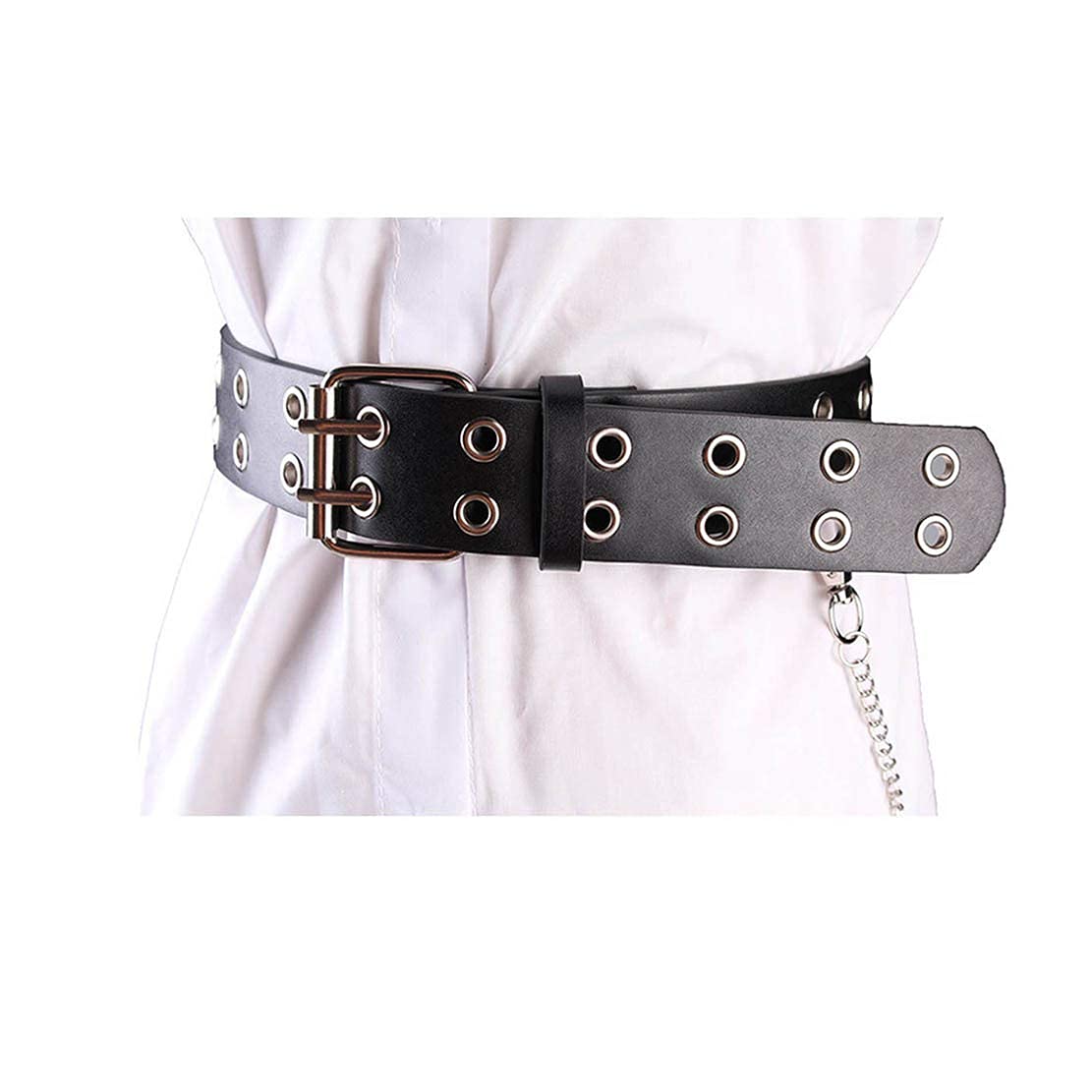 UTOWO Women Grommet-Belt with Chains Waist Belt Punk Style PU Leather (Black1) (free, Black1)
