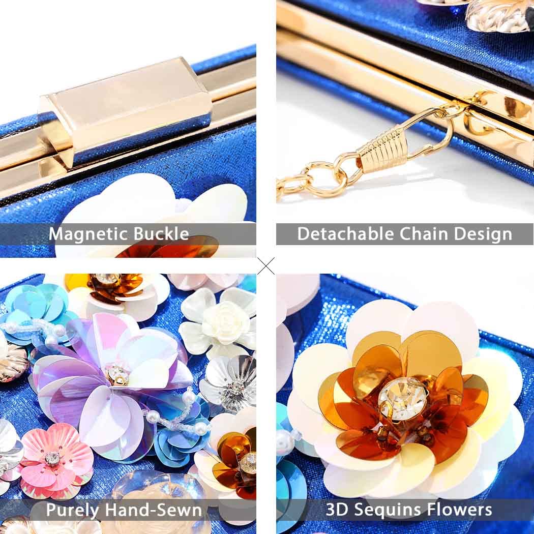 Yokawe Women's Evening Bag Flowers Clutch Purses Floral Bride Wedding Cocktail Handbags (Blue)