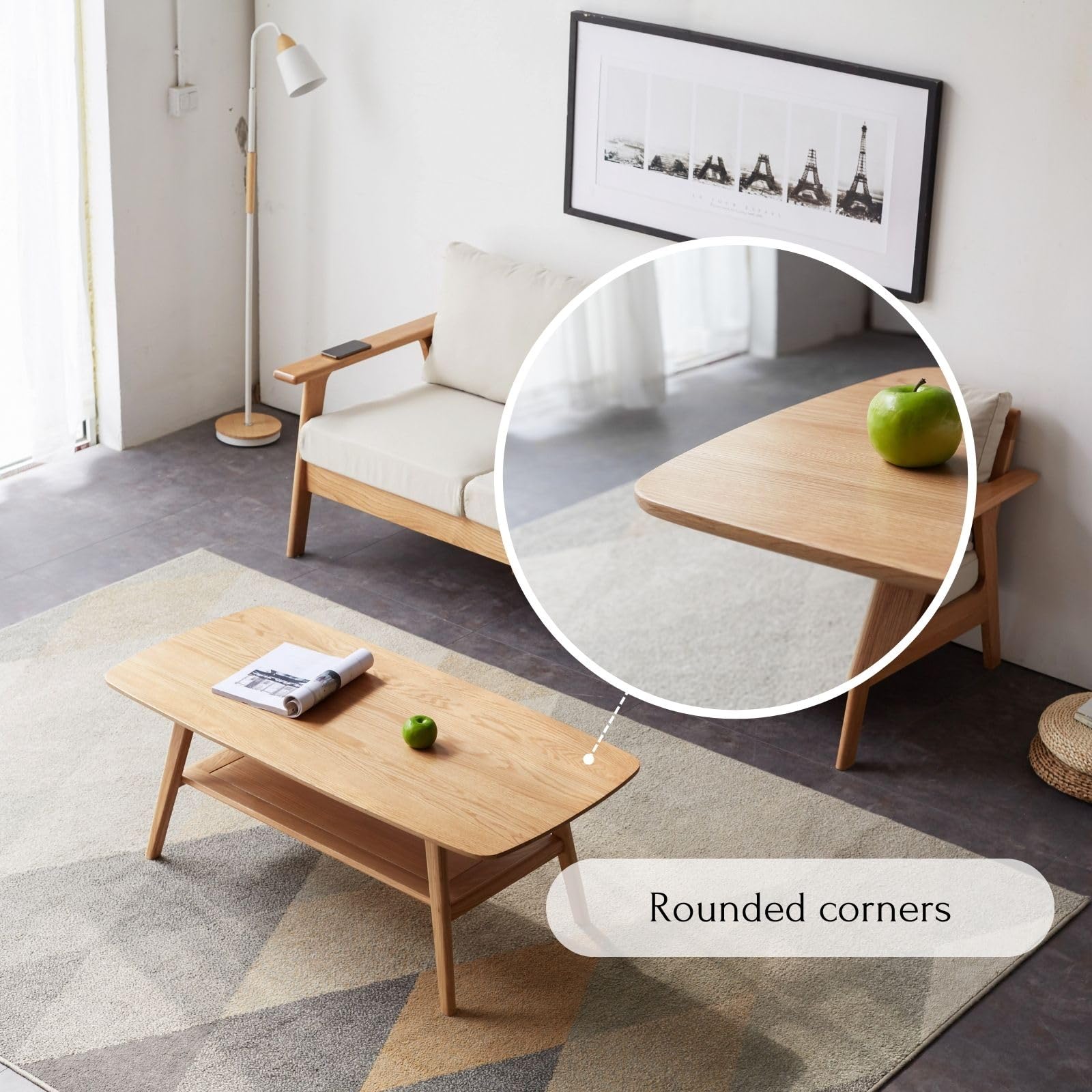 Vadisun 2-Tier Coffee Table with Storage Shelf, Natural Color 100% Solid Wood Table for Living Room, Elegant Furniture for Small Apartment (Natural, 39.37β x 19.69β x 17.32β)