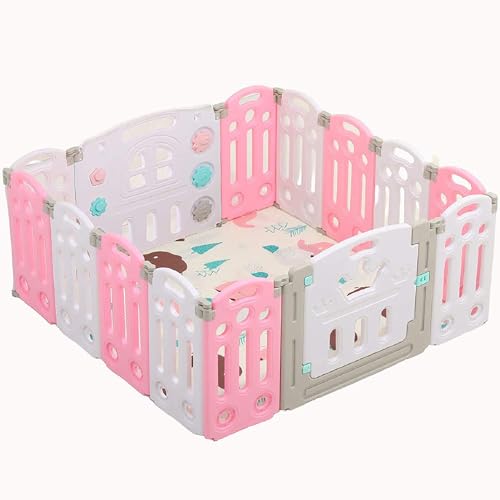UNICOO – Baby Playpen, Foldable Kids Fence Activity Center, Safety Playard with Games Station Non-Slip Rubber Bases, Adjustable Shape (ZC-001-PW Pink + White)