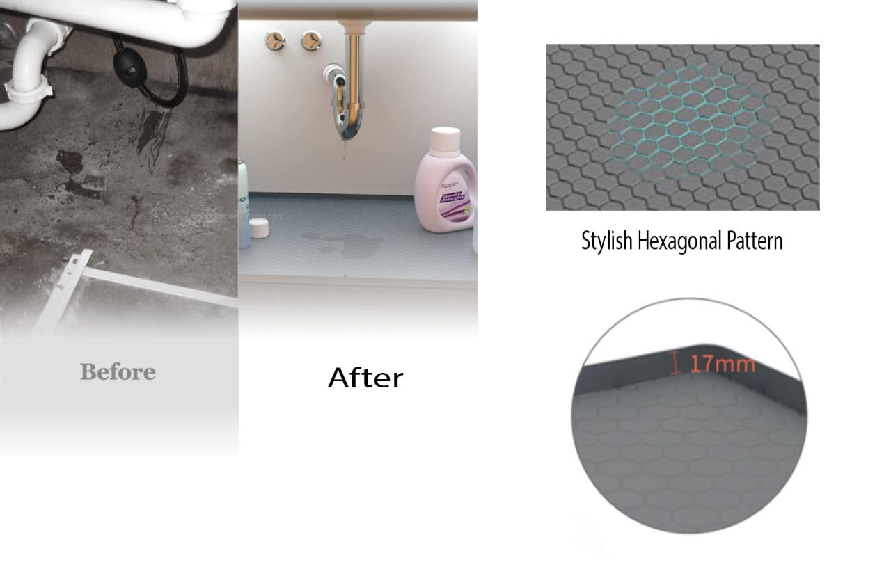 Spill Agent Under Sink Mat, 34’’ x 22’’under sink mats for kitchen Waterproof Silicone Sink Cabinet Protector Mat with Drain Hole,Flexible Sink Drip Tray,Free Cleaning Brush,for Kitchen,Bathroom,Grey,