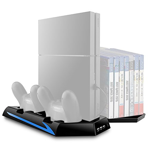 TNP Stand + Controller Charger + Cooling Fan + USB Hub + Game Storage Holder - Vertical Dock Charging Station for DualShock Controller, External Cooler, 4-in-1 Accessories (Black) [Playstation 4]