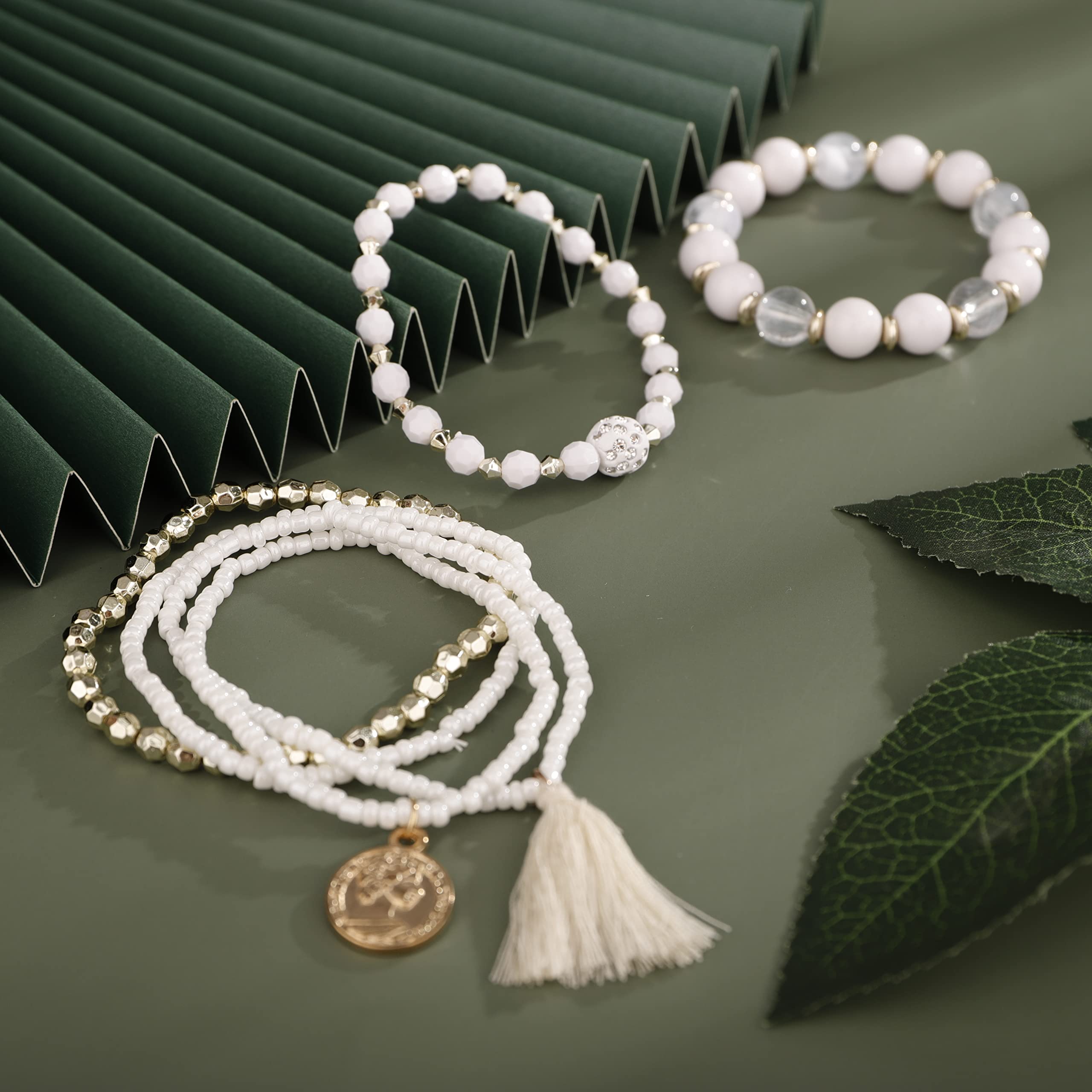 YERTTER 6pcs Bohemian Layered Rice Beads Ethnic Beaded Pendant White Tassel Stretch Stackable Strand Bracelet Rice Beads Bracelet Statement Gift for Women Girls(White)