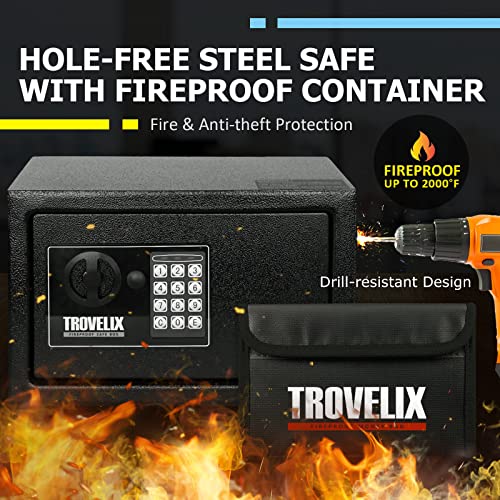 Trovelix Safe Box for Home Safe (0.4 Cubic Feet) with Fireproof Bag and Light, Fireproof Safe for Money Lock Box with Keypad and Key, Money Safe for Cash Saving, Personal Safe Box for Money