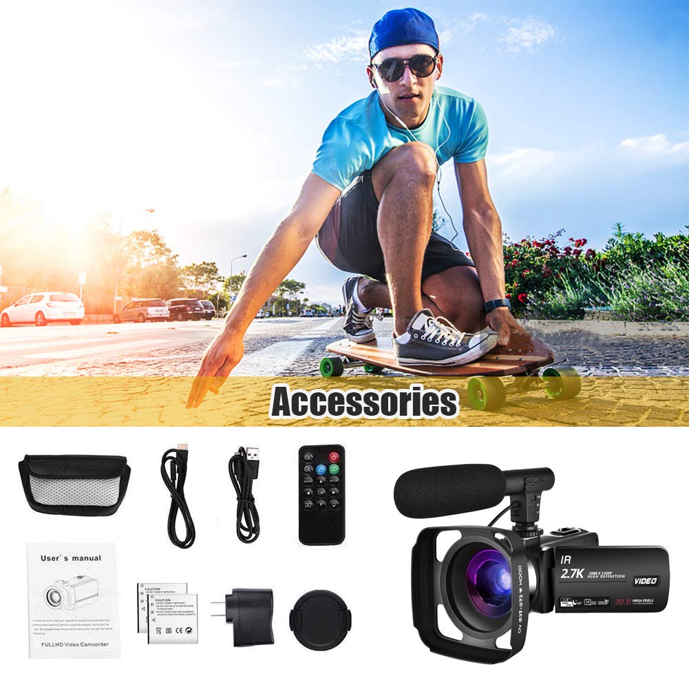 Video Camera Camcorder Vlogging Camera for Youtube Full HD 2.7K 30FPS 30 MP IR Night Vision 3 Inch Touch Screen Time-Lapse Camcorder with Microphone Remote Control Lens Hood and 2 Batteries