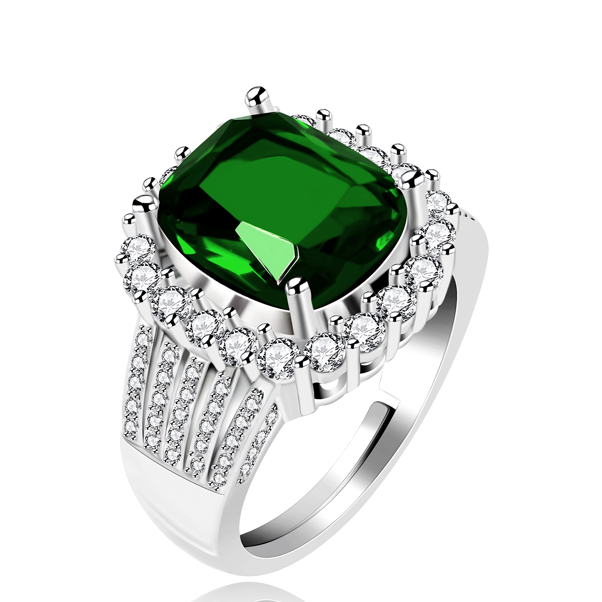 Uloveido Women's Platinum Plated Cushion Cut 5CT Simulated Emerald Rings, Adjustable Birthstone Ring, Green Cubic Zirconia Jewelry Y987