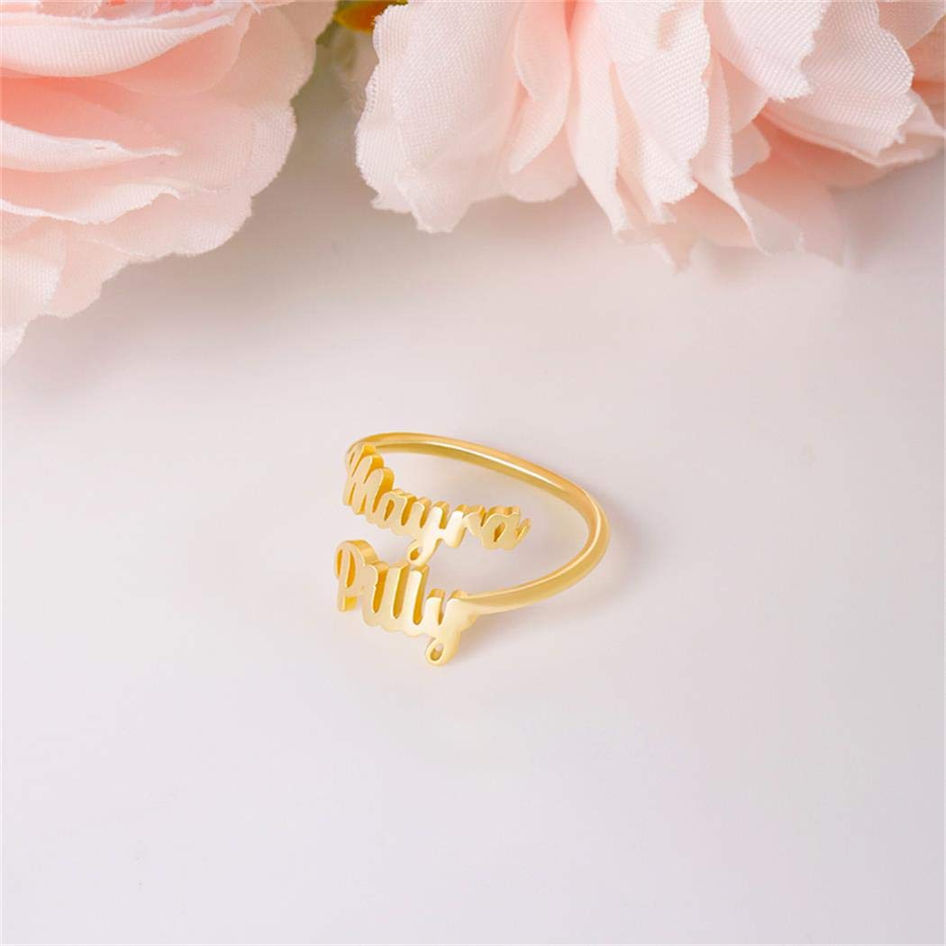 SIMONLY Valentines Day Gifts Double Name Ring Two Name Ring Sterling Silver Statement Ring Custom Name Ring with Any Names Mother Daughter Ring Gift