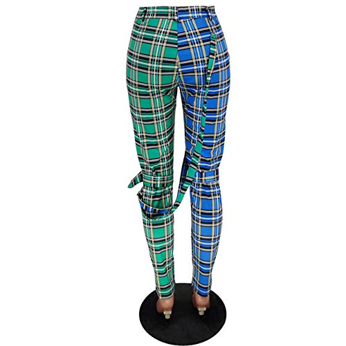 Women's Casual Plaid Color Block Sweatpants Stretchy High Waist Work Skinny Pants Blue + Green Medium
