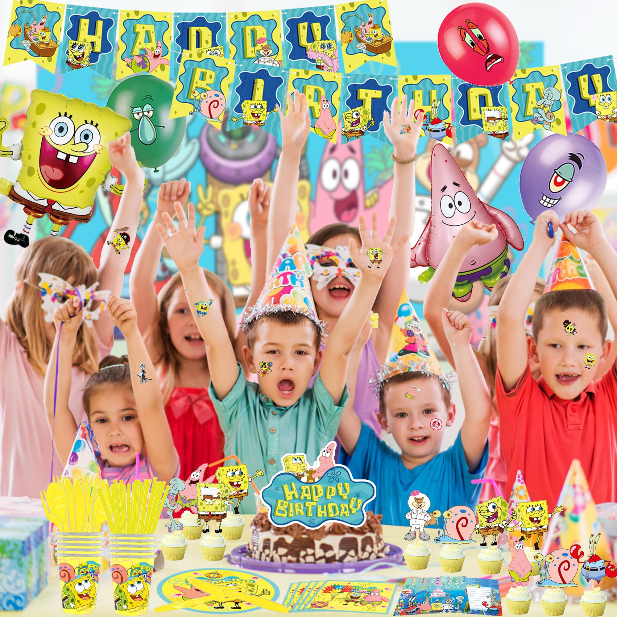 Sponge Theme Birthday Party Supplies, Birthday Decorations includes Happy Birthday Banner, Backdrop, Balloon, Cake Topper, Tableware, Napkins, Stickers