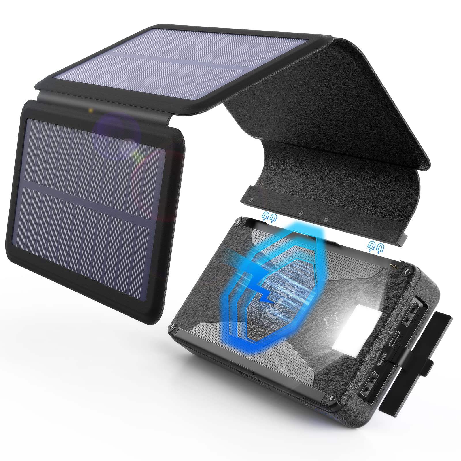 undreem 30000mah Solar Power Bank Fast Charging, 3 Outputs USB-C Solar Battery Charger with 4 Foldable Solar Panels, Wireless Solar External Battery Pack for Electronic Devices
