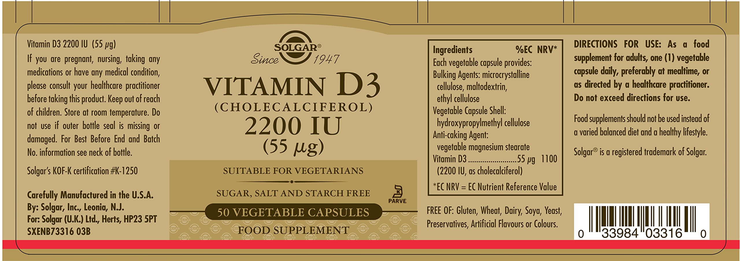SOLGAR Vitamin D3 (Cholecalciferol) 55 mcg (2200 IU) - 50 Vegetable Capsules - Non-GMO, Gluten Free, Dairy Free, Kosher - 50 Servings