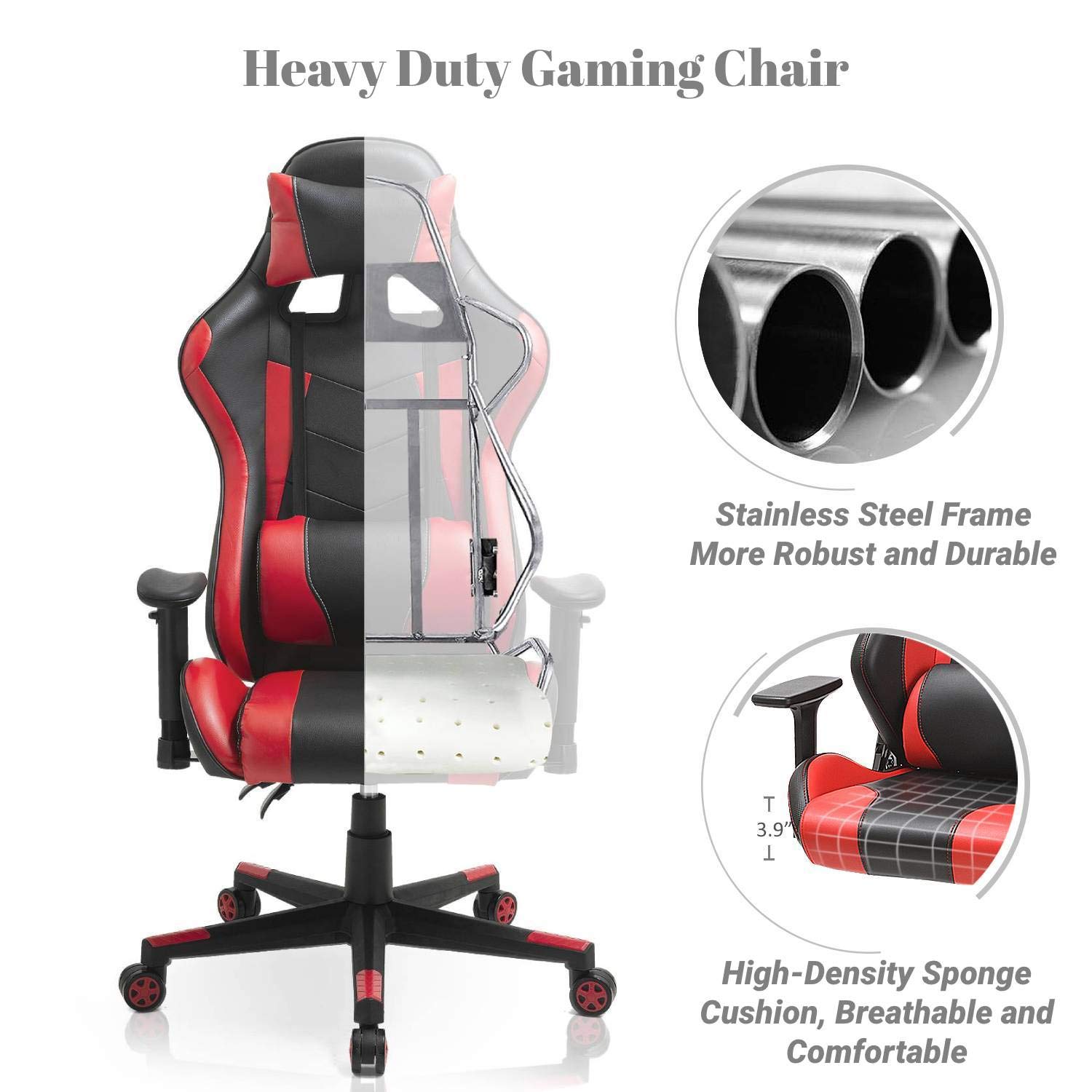Video Game Chair, Ergonomic Computer Gaming Chair Big and Tall PC Racing Office Chair PU Leather Executive Task Chair Swivel Desk Chair with Adjustable Armrests Headrest and Lumbar Support (Red)
