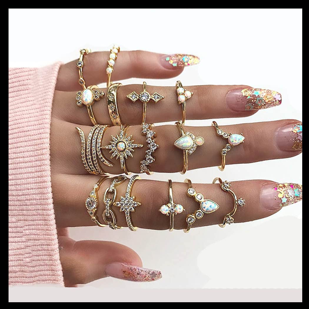 Simsly Boho Knuckle Ring Stackable Rhinestone Gold Joint Nail Ring Crystal Knuckle Rings Set for Women and Girls(17PCS) (Set 1)