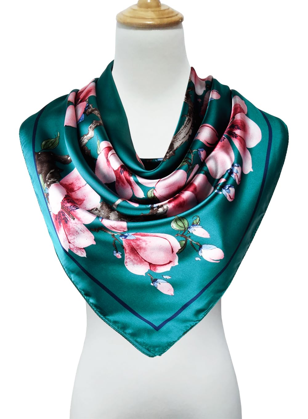 vabovin 35" Fashion Neckerchief Women's Silk Like Big Satin Square Hair Scarf Accessory (Blue Green Flowers)