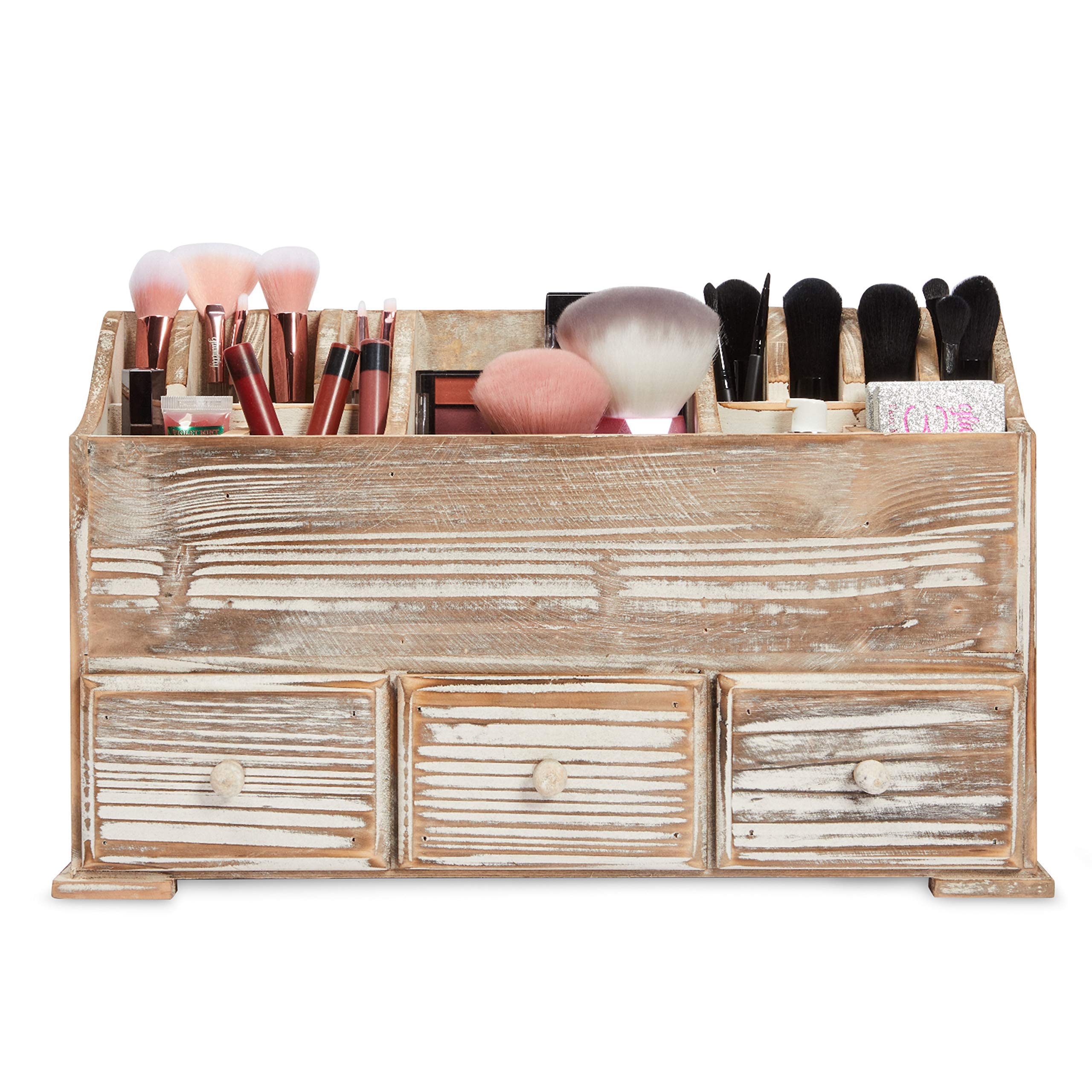 Wooden Makeup Organizer with 3 Drawers for Vanity, Cosmetic Storage for Brushes (15.5 x 9.5 in)
