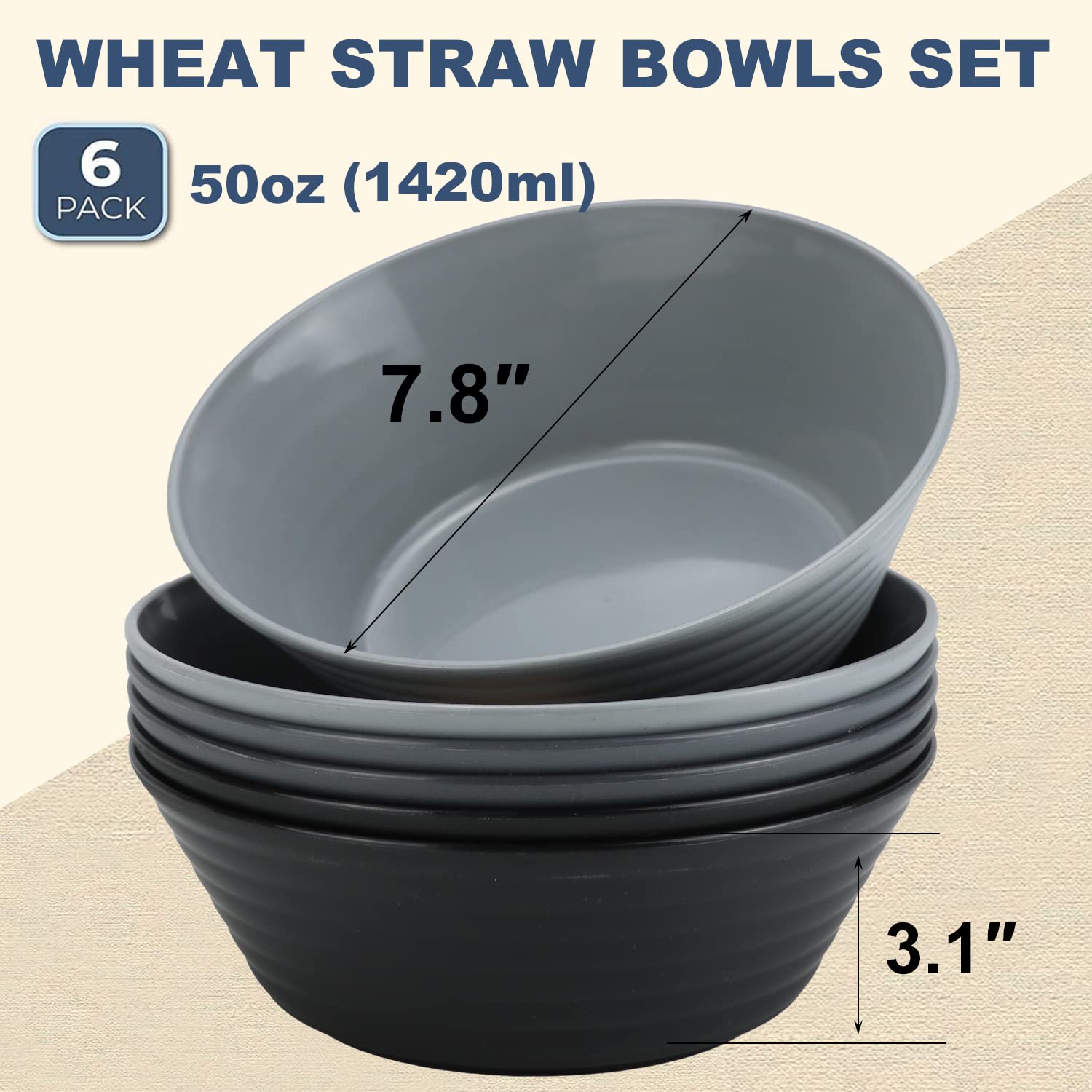 Wrova Wheat Straw Bowl Sets,6 PCS Unbreakable Cereal Bowl 50 OZ,Microwave and Dishwasher Safe Bowls,Super Big Bowl Sets BPA Free Eco Friendly Bowl for Serving Cereal,Oatmeal and Salad (Classic Series)