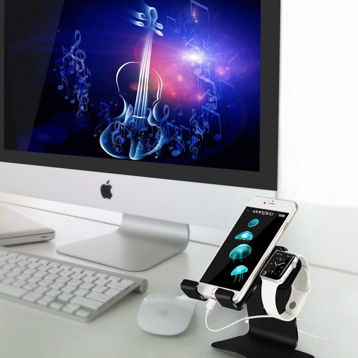 Tranesca 2 in 1 Charging Stand Holder Dock Compatible for Apple Watch Series Ultra2/Ultra/9/8/7/6/5/4/3/2/1/SE (38mm/40mm/41mm/42mm/44mm/45mm/49mm) and Cell Phone/Tablet - Black