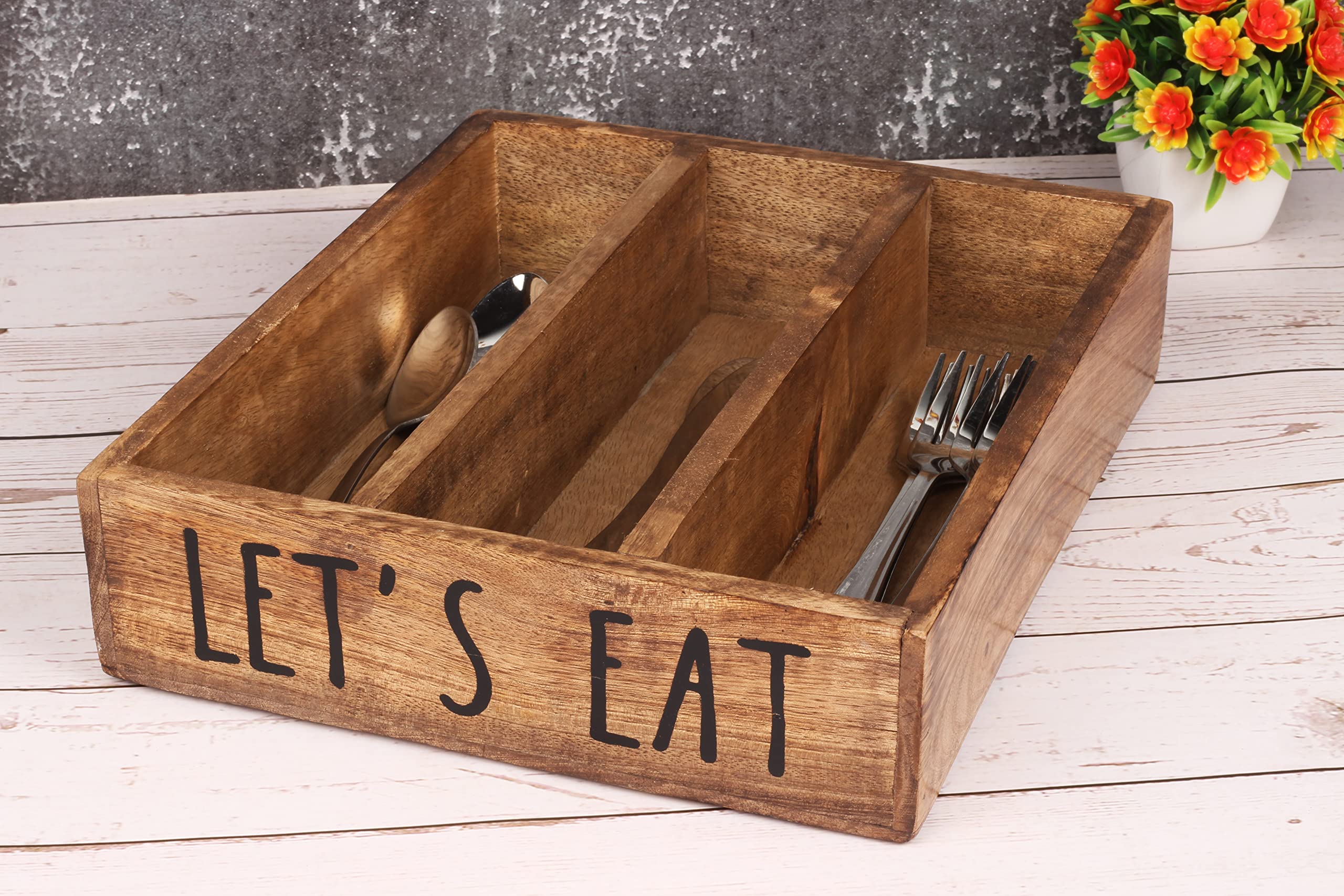 TrendBell Wooden Kitchen Drawer Organizer Fir Wood Cutlery Silverware Tray Organizer with 3 Compartments, Decorative Utensil Holder for Flatware, Knives, Forks, Spoons