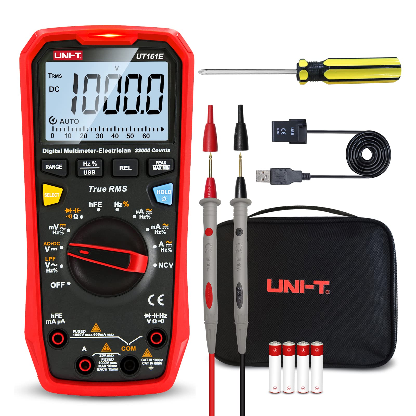 UNI-T Digital Multimeter Tester UT161E, True RMS 1000V AC DC Voltage Meter Tester Ohm Meter Capacitance Frequency 22000 Counts USB Transmission NCV hFE LPF ACV