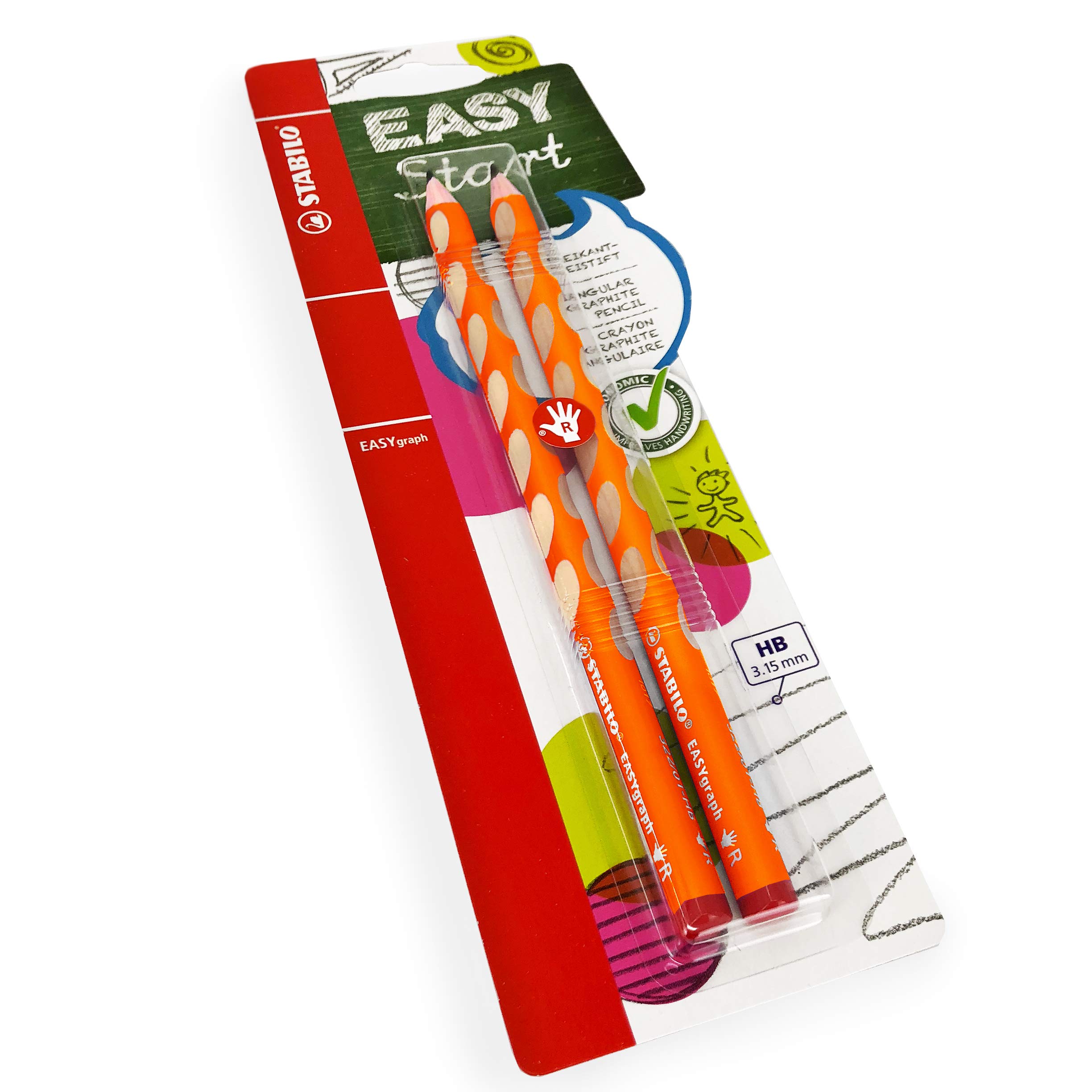 STABILO Easygraph Handwriting Pencils - HB - Right Handed - Orange Barrel - Pack of 2