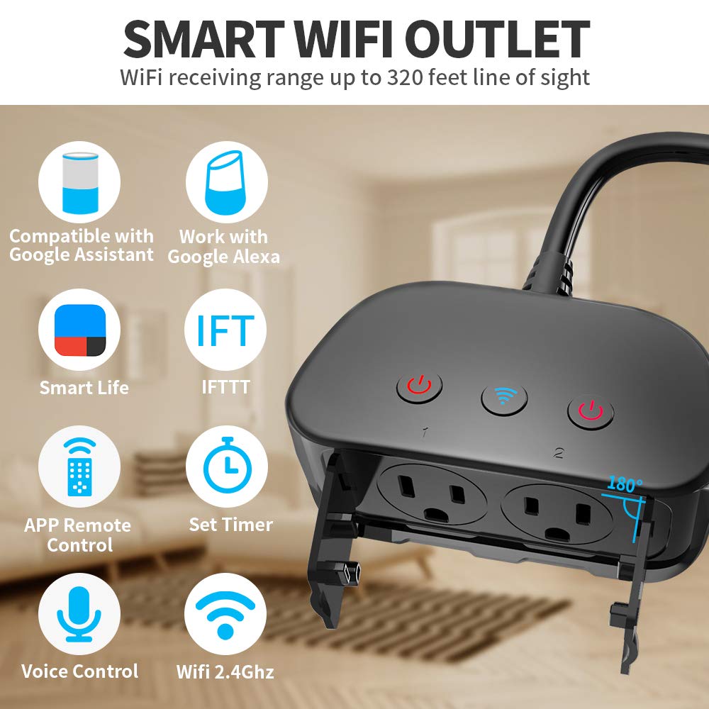 WAKYME Upgraded WiFi Outlet Outdoor Smart Plug Outdoor with 2 Outlets,No Hub Required,Wireless Remote Control Timer, Compatible with Alexa, Google Home and IFTTT (Smart Plug Outdoor)
