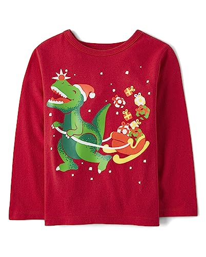 The Children's Place Unisex-Baby Long Sleeve Christmas Graphic T-shirt Dino Sled 18-24 Months