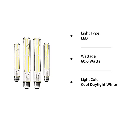 VCTC Lighting Dimmable T10 LED Bulbs,4000K Daylight White,6W Tubular Light Bulb, Edison LED Bulb 60 Watt Equivalent,E26 Medium Base 600LM, Clear Glass Cover,7.3in(185mm),4-Pack