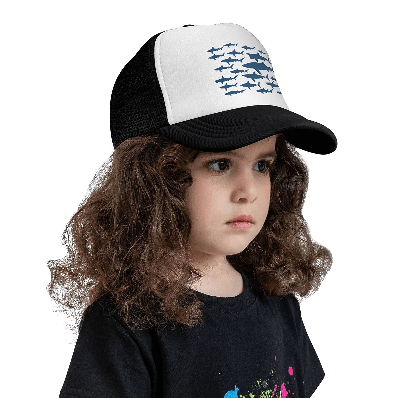 Waldeal Boys' Ocean Shark Trucker Hat Floral Sea Fish Adjustable Mesh Hat Kids' Baseball Trucker Cap Black