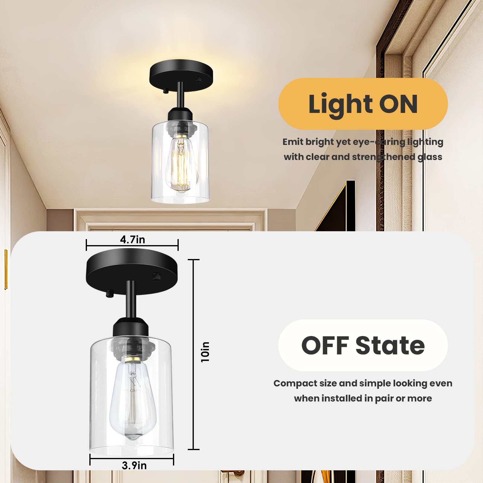 Sheetea 3-Pack Semi Flush Mount Ceiling Lights, Modern Close to Ceiling Light Fixtures with Clear Glass Shades, Black Industrial Lighting Ceiling Mount for Hallway Entryway Kitchen Bedroom Foyer
