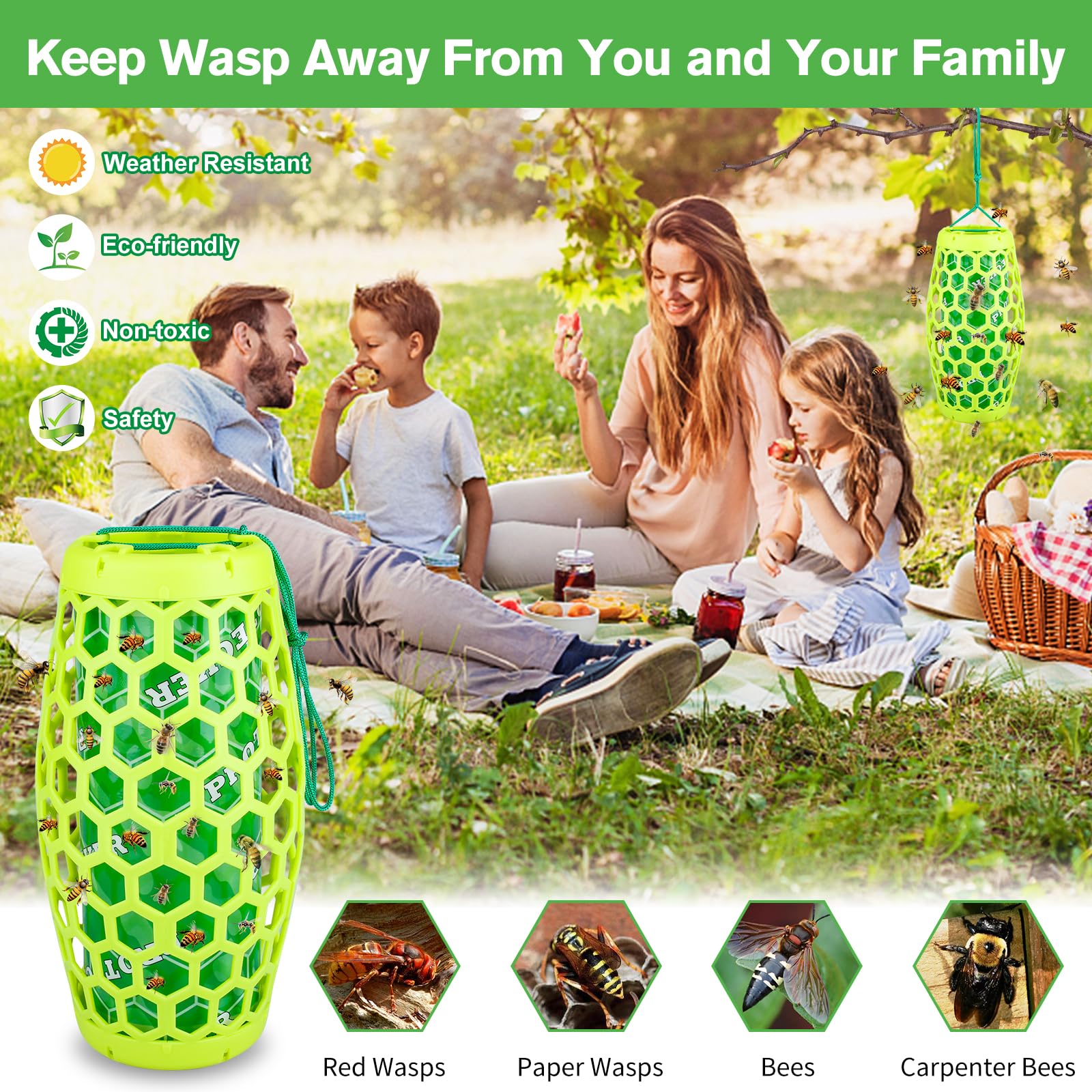 Wasp Trap Bee Traps Catcher,Wasp Traps Outdoor Hanging,Wasp Deterrent Killer,Wasp Catcher with 4 Sticky Bug Boards,Non-Toxic and Reusable Hornet Trap Yellow Jacket Trap for Garden,Yard,Farm (2 Pack)