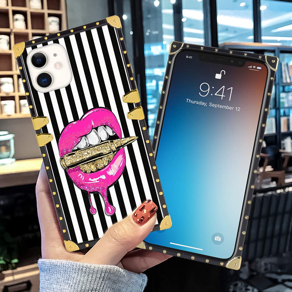 Square Case Compatible iPhone 11 2019 6.1 Inch Pink Lips Luxury Elegant Soft TPU Shockproof Protective Metal Decoration Corner Back Cover Case iPhone 11 Case