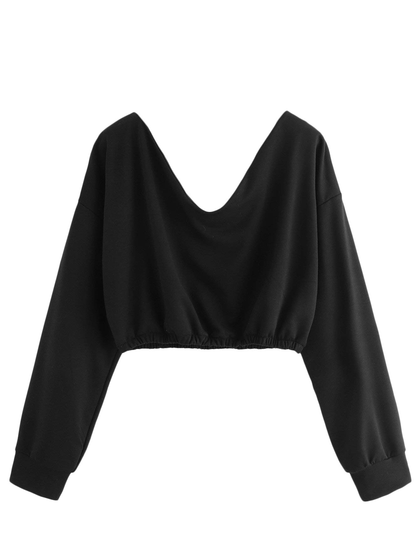 Verdusa Women's V Neck Pullover Long Sleeve Crop Top Sweatshirt Black XS