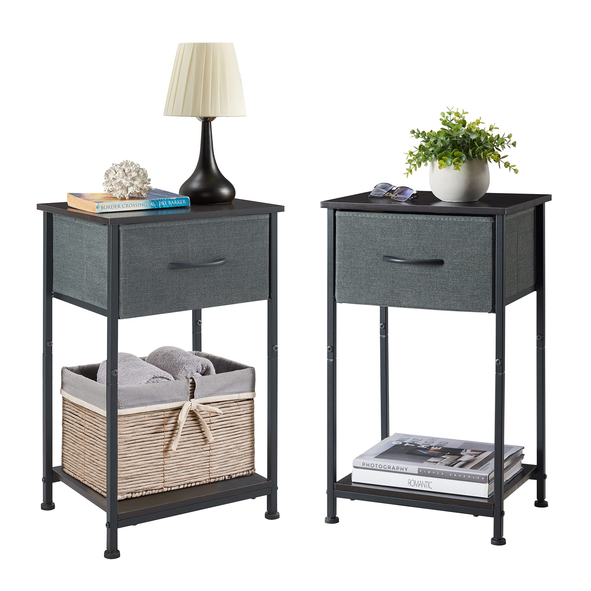 Somdot Nightstand Set of 2, Bedside Table End Table for Bedroom Dorm Nursery Living Room - Removable Fabric Drawer, Open Storage Shelf, Sturdy Steel Frame, Durable Wood Top - Black