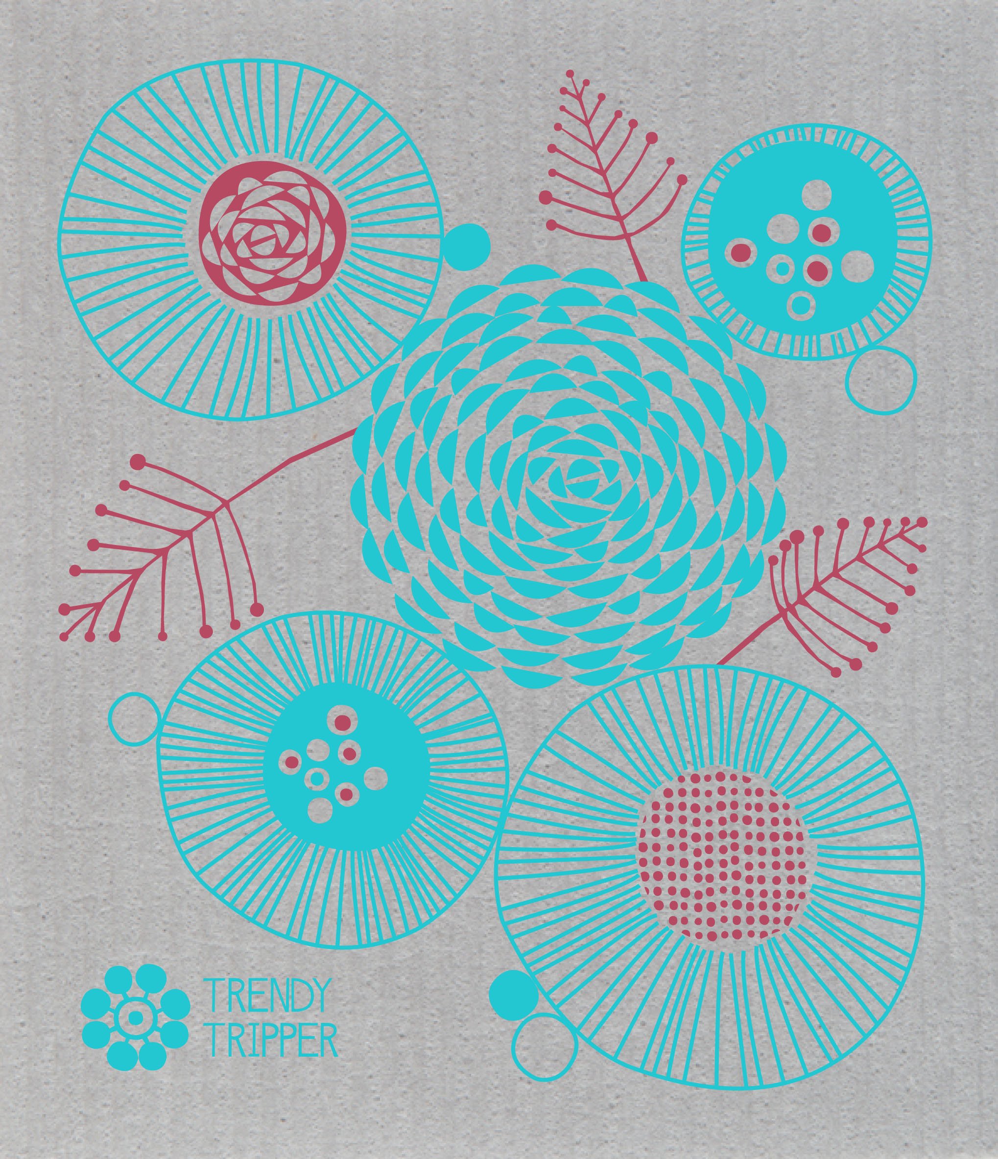 Trendy Tripper Jenn Ski Reusable Swedish Dishcloths/Sponge Cloth MID-Century Modern Abstract Designs Set of 4 (4-Pk MCM Floral Turquoise/Red)