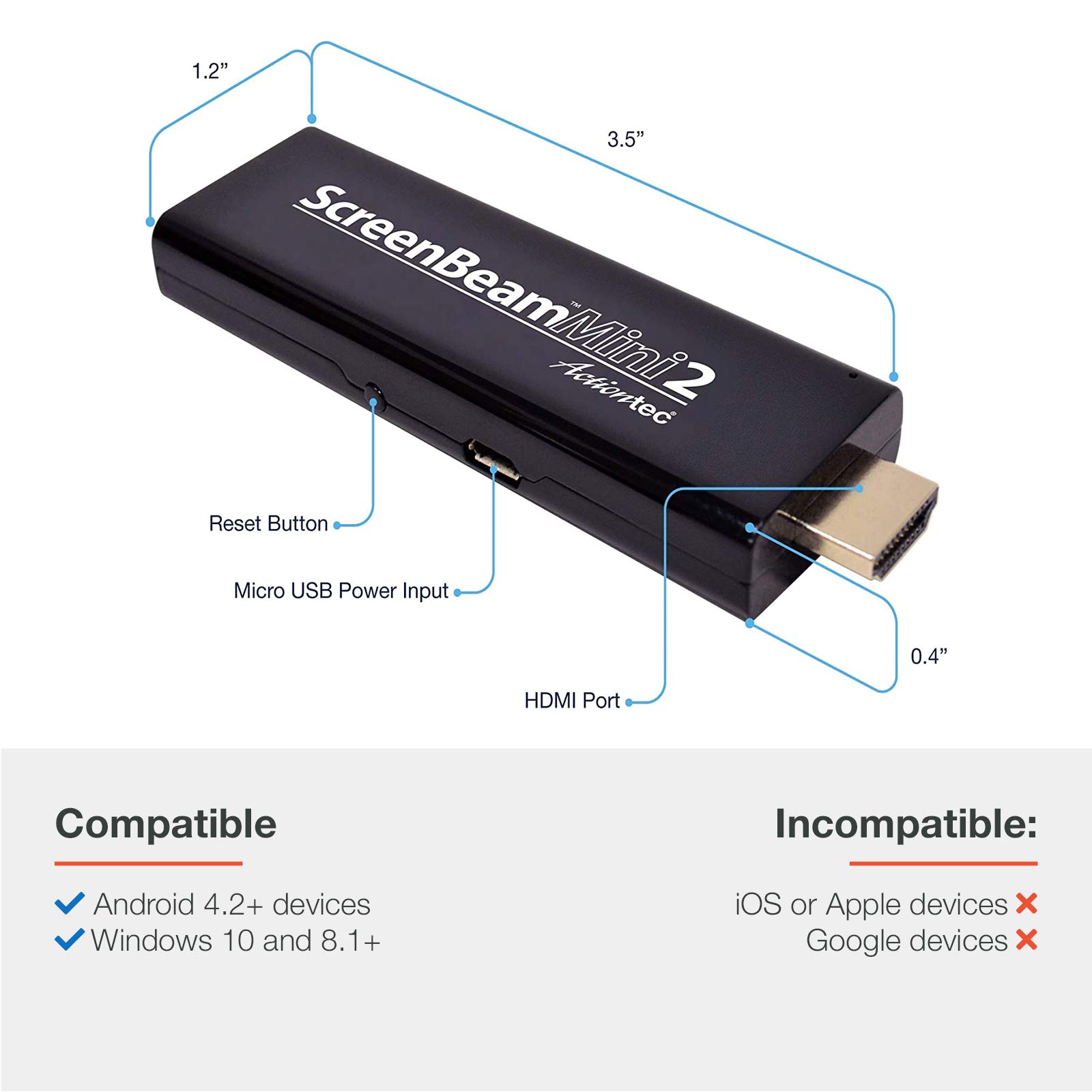 ScreenBeam Mini2 Mobile Wireless Display Adapter with Miracast (SBWD60MBL01) - Mirror Phone Screen to HDTV, HDMI Connector, No Apps Required, Supports Select Microsoft & Android Devices