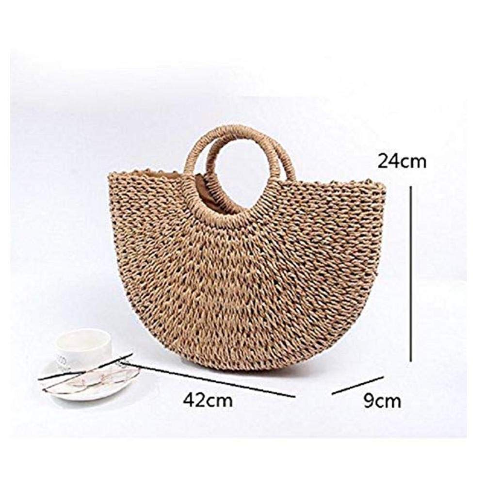 Women Large Straw Handbag Tote Rattan Bag, Summer Vintage Weave Round Beach Bag (Brown)