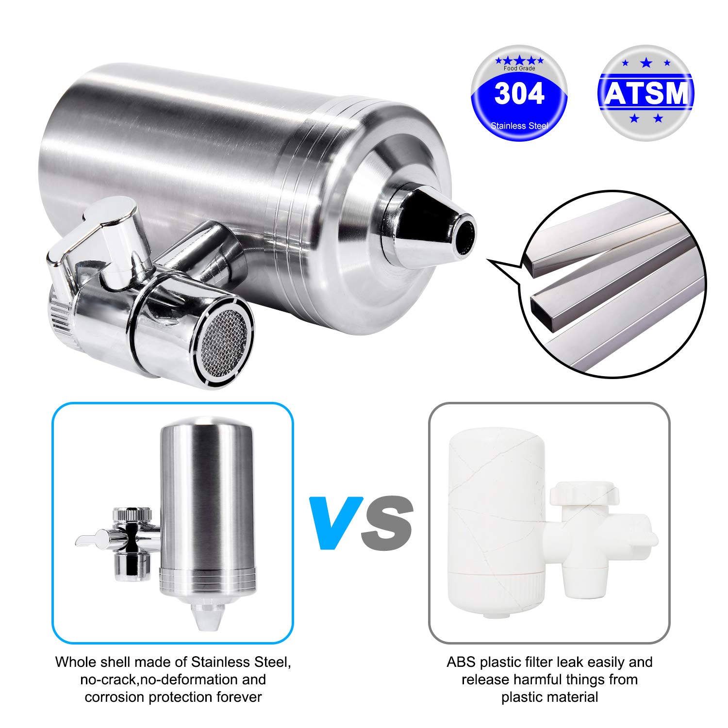 Water Filter Faucet,Stainless Steel Faucet Water Filter,Tap Water Filter for Hard Water ,Fits Standard Faucets
