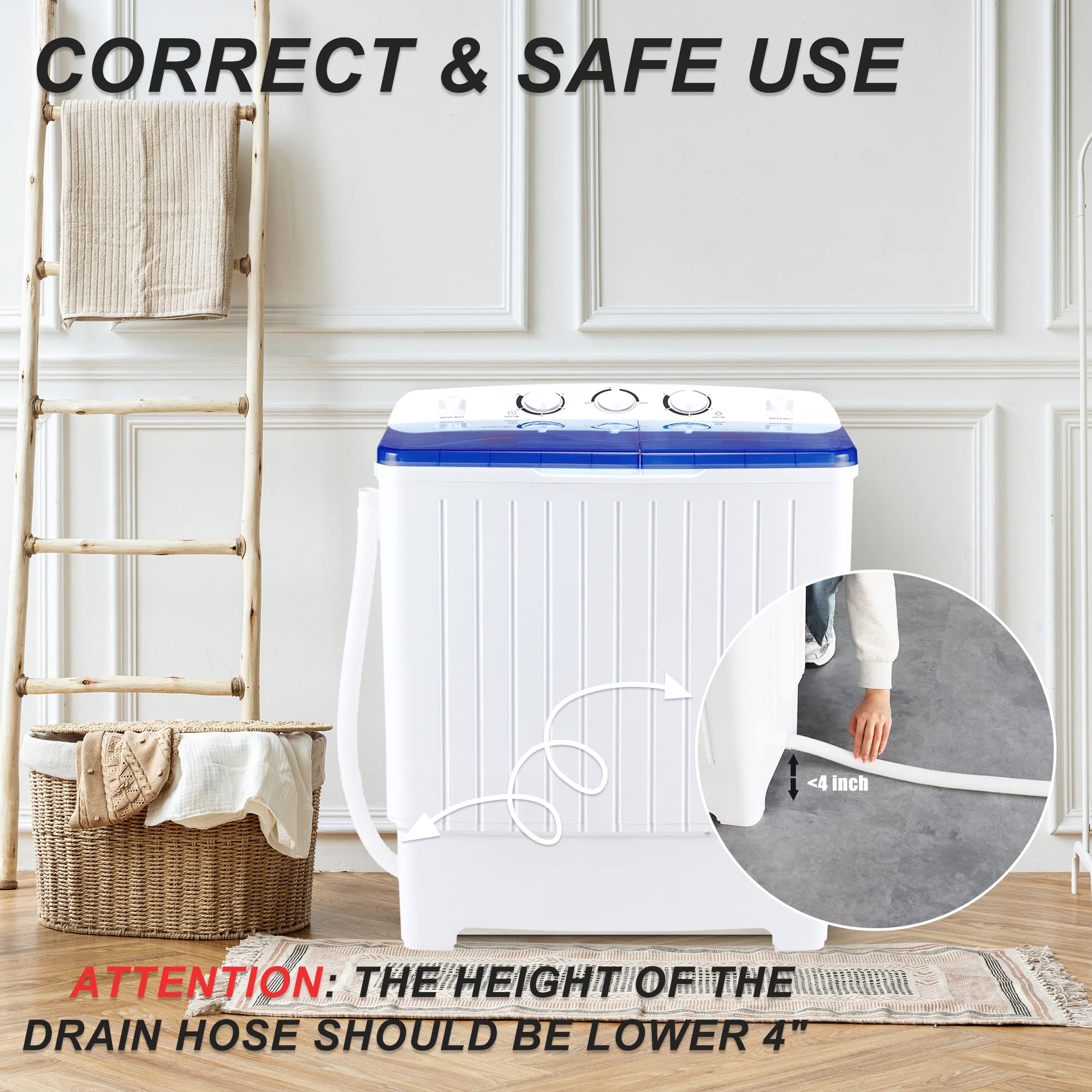 Spurgehom Mini Twin Tub Portable Washing Machine, 20 lbs Large Capacity Washer and Dryer Combo for RV Camping, Apartment, Dormitory, Home, Washing Machine for Students & Tenants,Blue & White