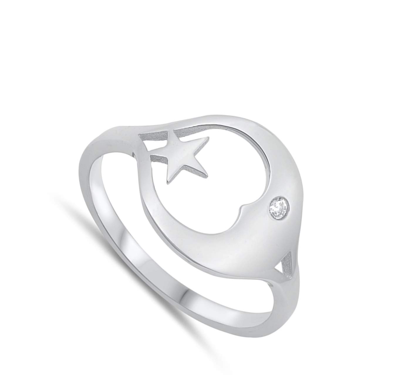 White CZ Crescent Moon Star Ring New .925 Sterling Silver Band Size 10