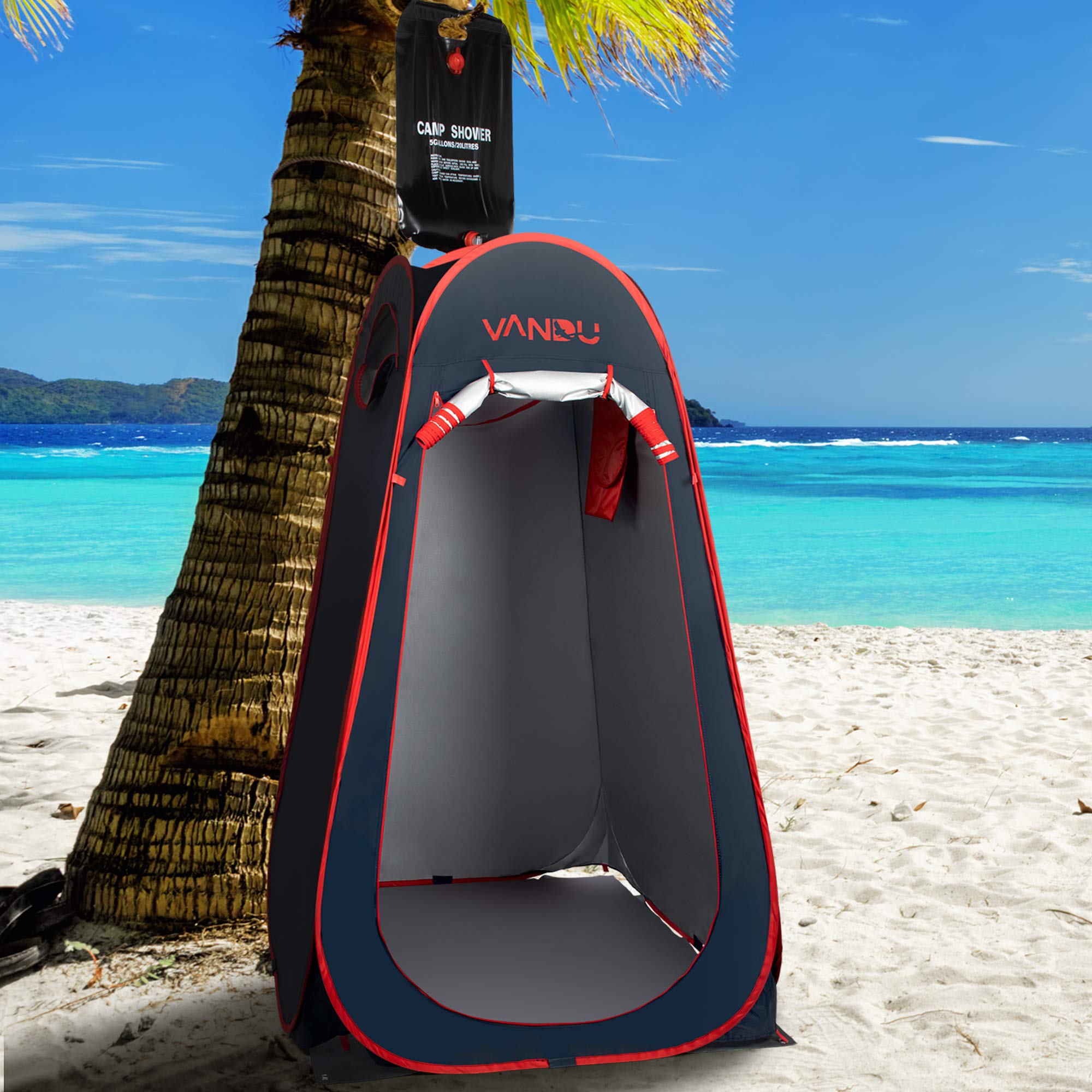VANDU Pop Up Waterproof Portable Bathroom Tent with Bonus Shower Bag, Ideal for Camping and Beach, Roomy Interior, Easy Setup, UV Protection