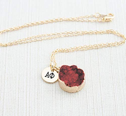 Sorority Shop AP Necklace - Alpha Phi Red Druzy Gemstone Necklace With Engraved Pendant β 14K Gold Dipped Jewelry with Red Gemstone β Sorority Gift, Charm Paraphernalia